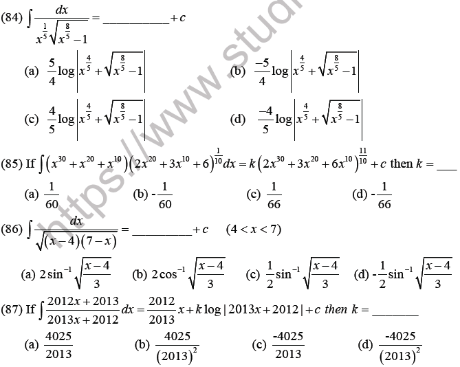 JEE Mathematics Indefinite Integrals MCQs Set C with Answers